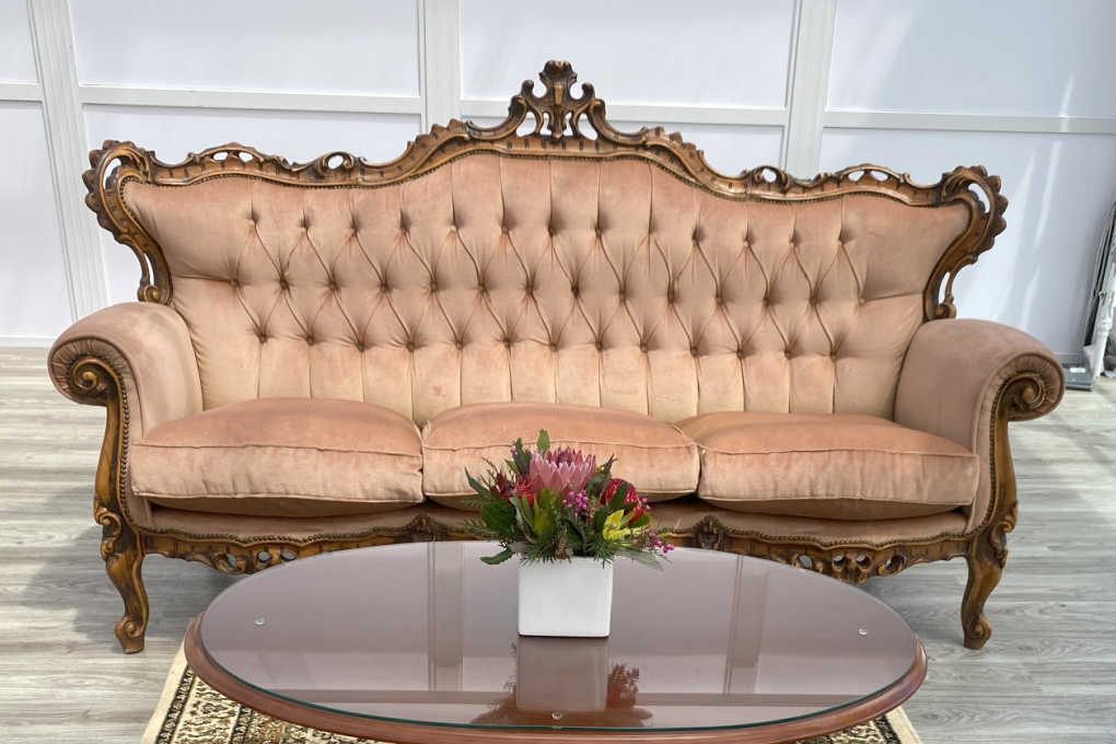 Vintage Couch Hire (peachy tan) | Country Charm Event Hire